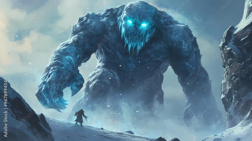 A colossal ice golem guarding a hidden portal, its eyes glowing with an ...