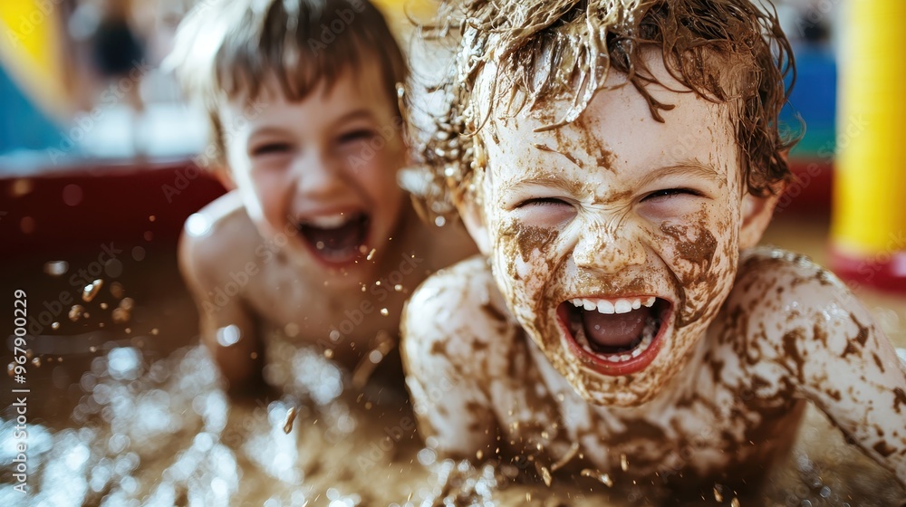 Two children with messy hair, laughing joyfully as they play covered in ...