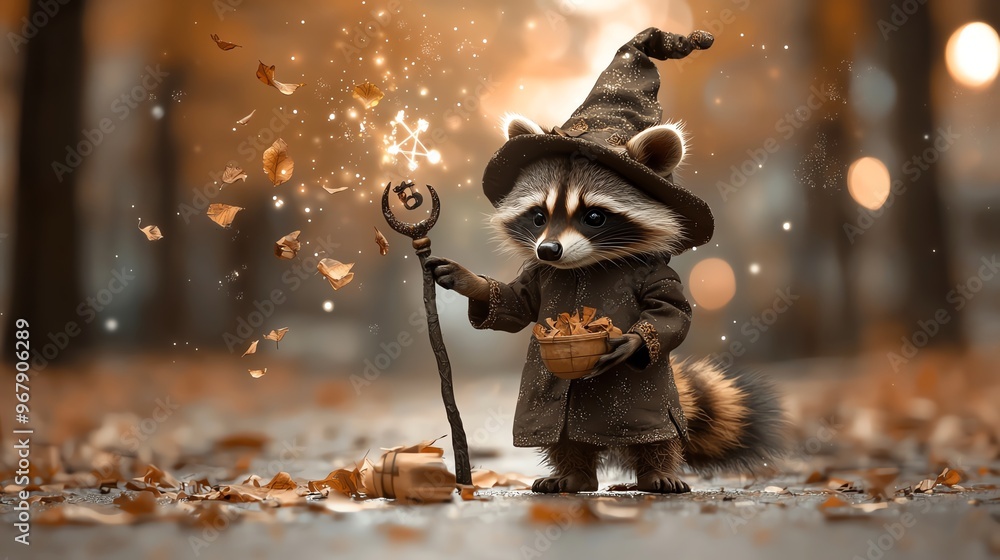 Raccoon dressed as a wizard with a staff and magical symbols floating ...