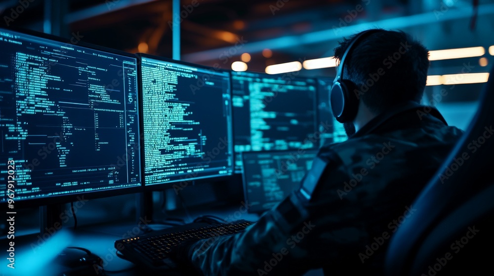 Person in a dark room wearing headphones while working on multiple ...