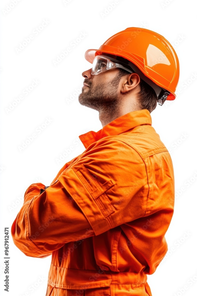 Profile of a confident construction worker in an orange uniform and ...