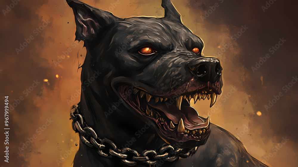 An illustration of a dog hellhound with a chain necklace around its ...