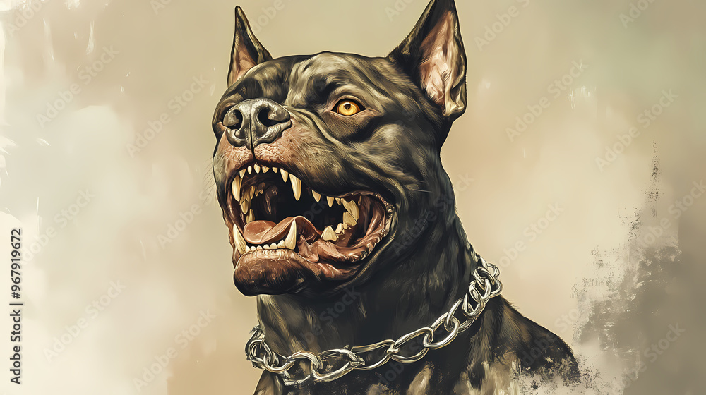 An illustration of a dog hellhound with a chain necklace around its ...