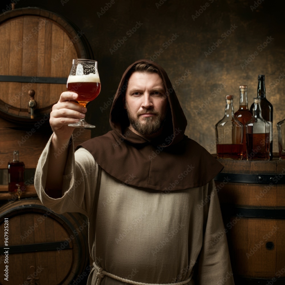 Proud man, medieval monk raising glass of ale, or cognac against ...