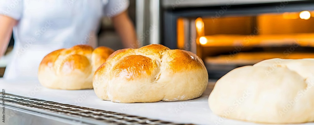 Bakery production line in a commercial setting, large ovens, bakers in ...