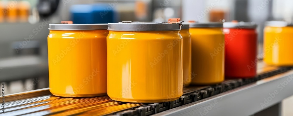 Automated food packaging line, colorful canned goods on conveyor ...