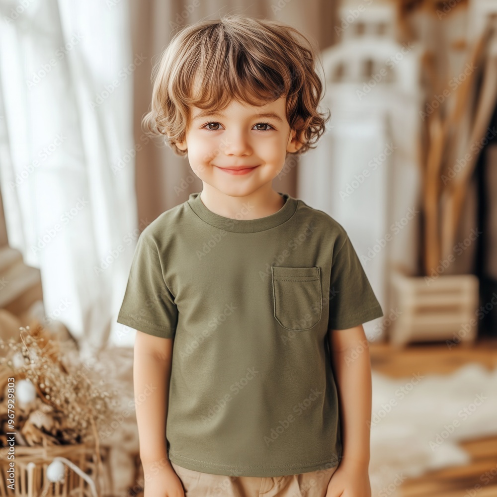 Toddler boy model mockup. Cute baby wearing basic tshirt. Kids blank t-shirt template. Normal ...