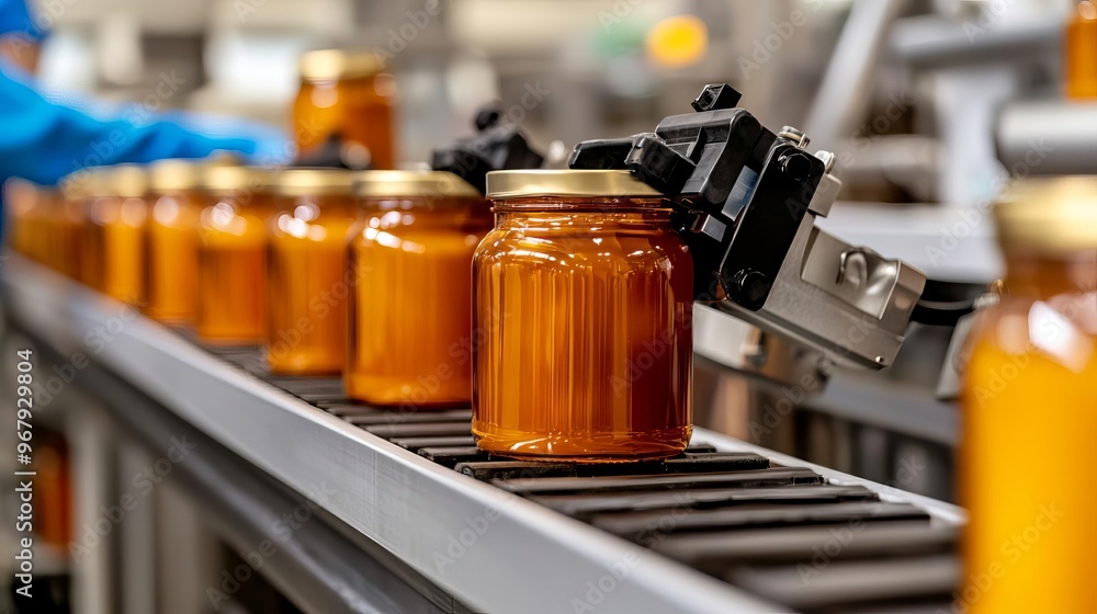 Automated canning line in food factory, sealing machines, glass jars ...