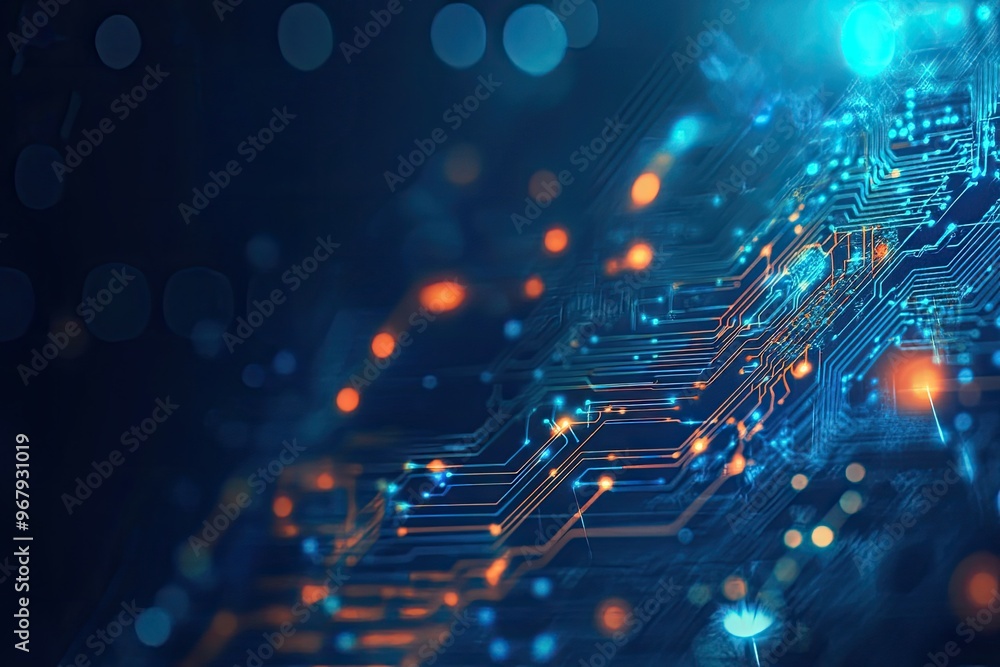 Abstract digital circuit design with glowing lines and bokeh lights ...