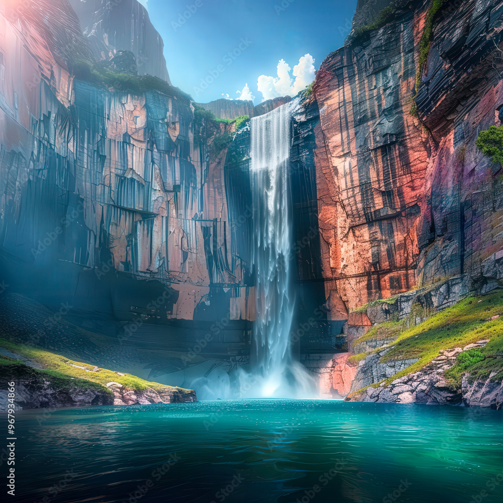 A majestic waterfall cascades down a sheer rock face, creating a ...