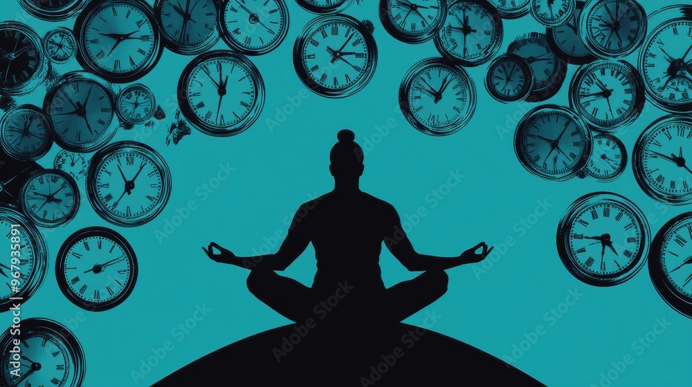 A circular flow of clocks orbiting a central figure meditating ...