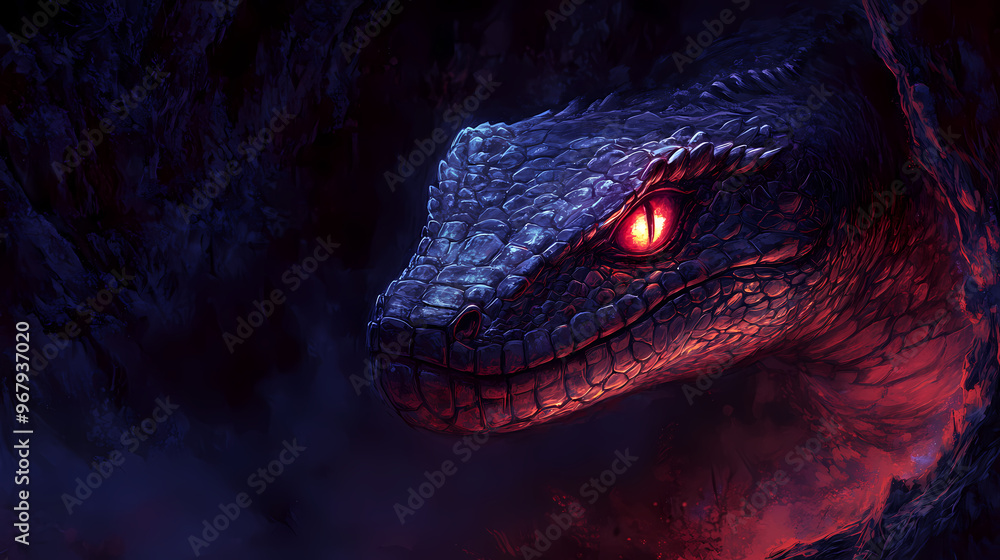 Ferocious basilisk emerging from a dark cave, eyes glowing with an intense red light, detailed ...