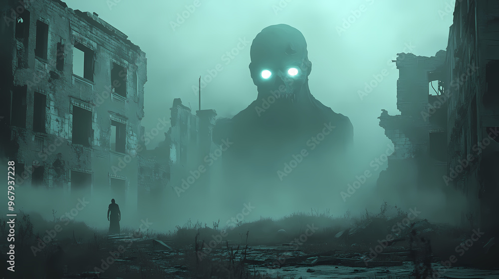 Fog-filled hospital ruins with a monstrous silhouette prowling eyes ...