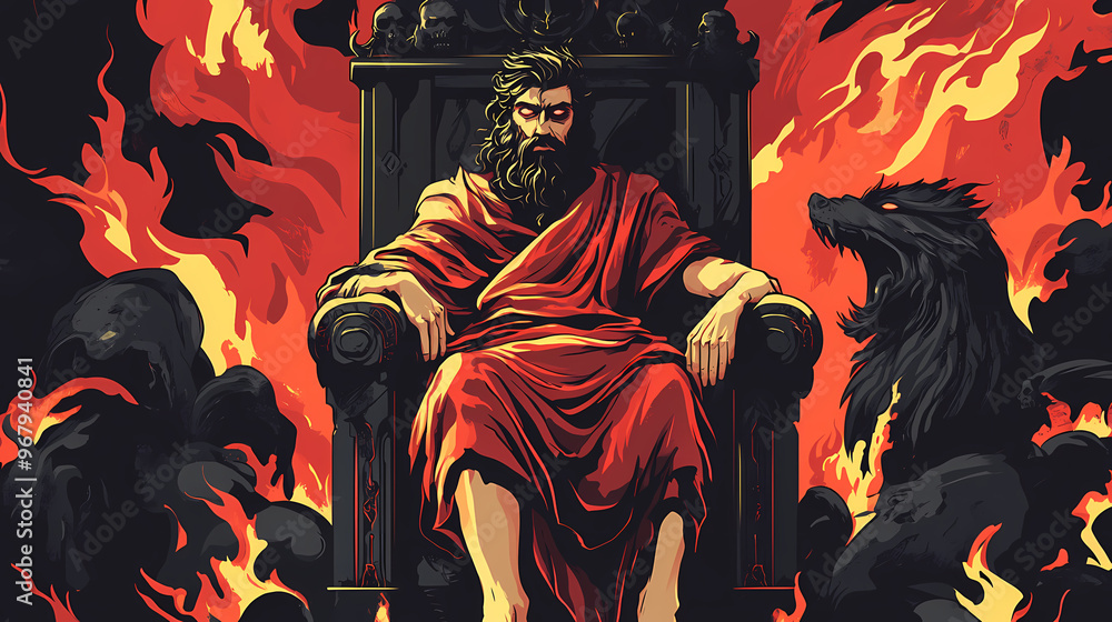 Hades in his underworld throne, with cerberus at his feet and souls ...