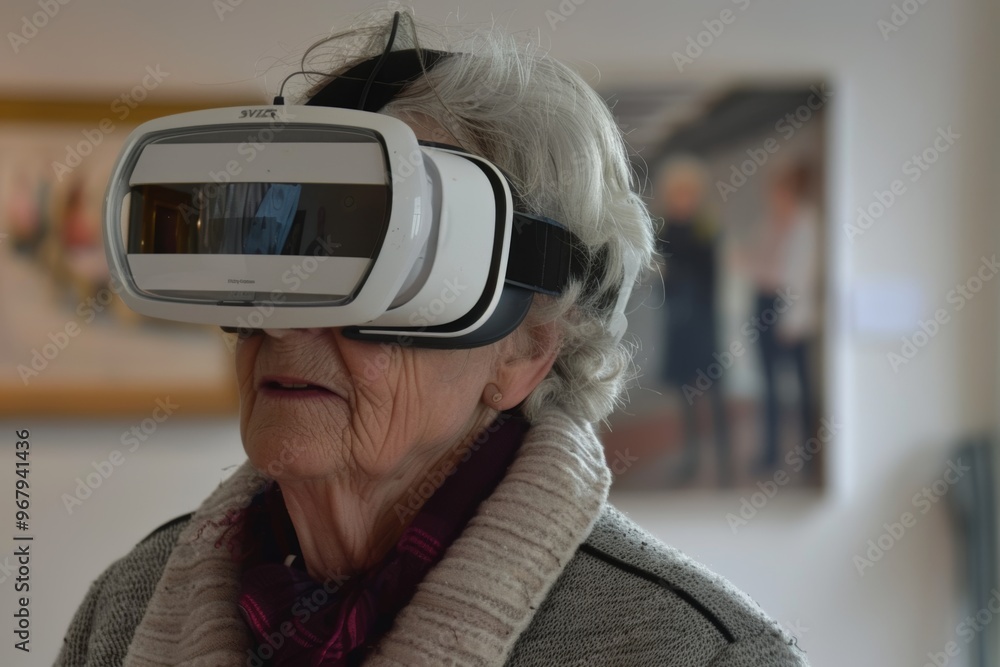 Elderly Woman in VR Glasses Experiencing a Virtual Art Gallery - Awe ...
