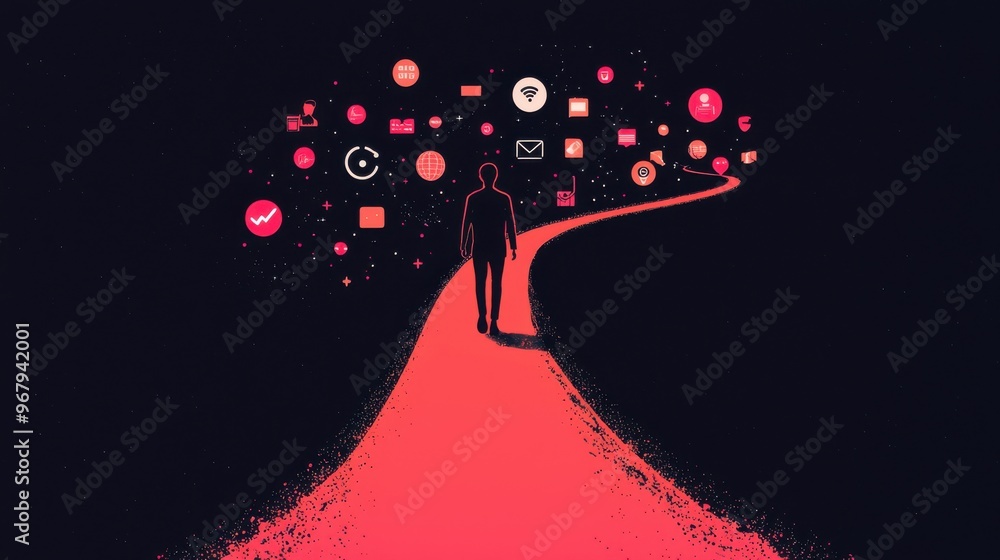 A figure walking along a digital pathway, with icons of different tools ...