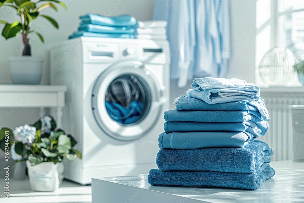 Fresh and organized laundry room with a stack of neatly folded blue ...
