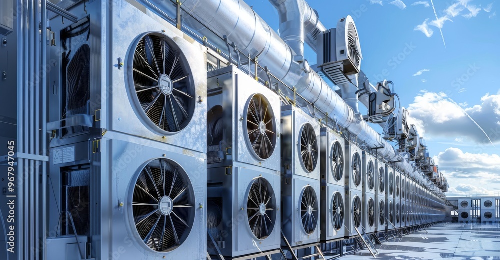 Large industrial cooling system with multiple fans and metal ducts ...