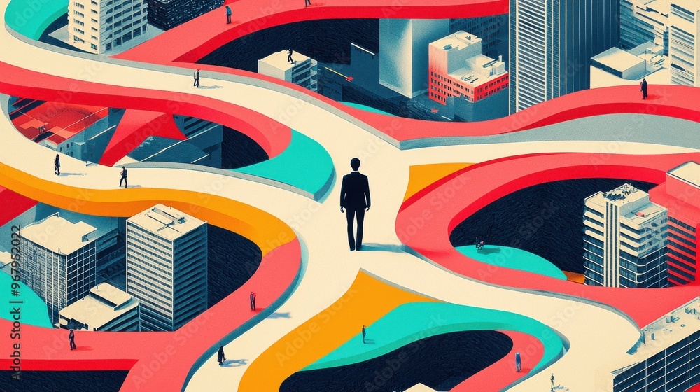 A human figure at the intersection of multiple pathways, each leading ...