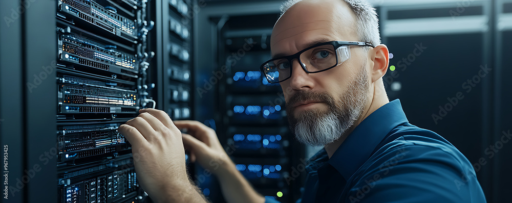 Engineer working on server racks in data center, focusing on ...