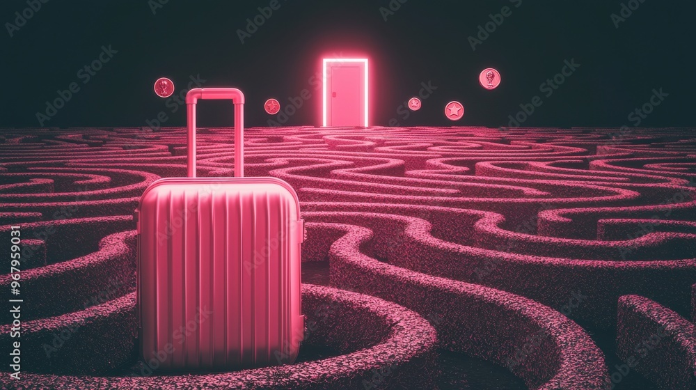 A maze-like path leading to a glowing door in the distance. Along the ...