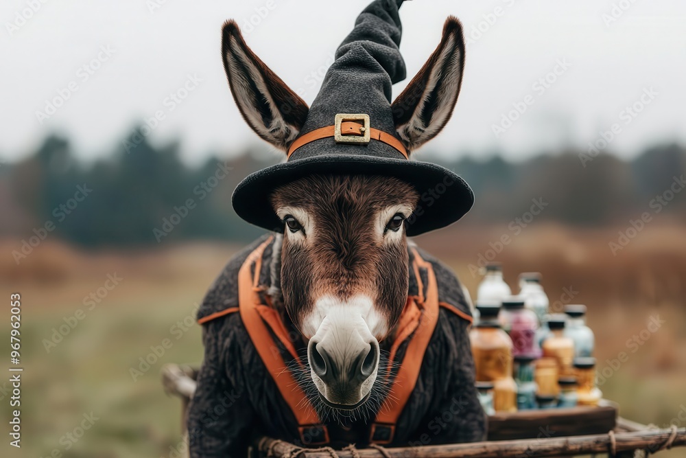 Donkey in a wizard hat pulling a magical cart filled with potions ...
