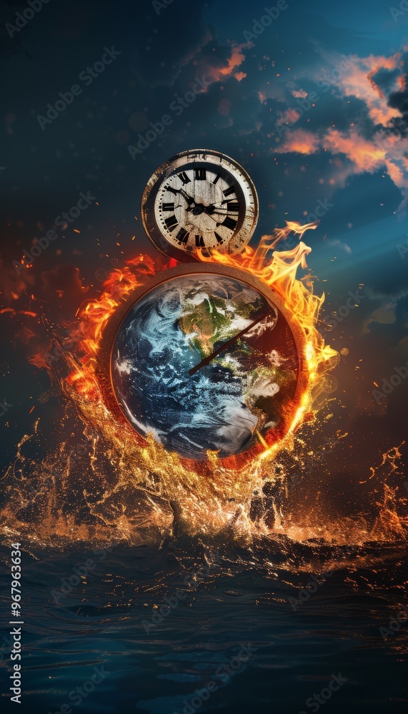 Earth split in two one half underwater, the other on fire, with a ...