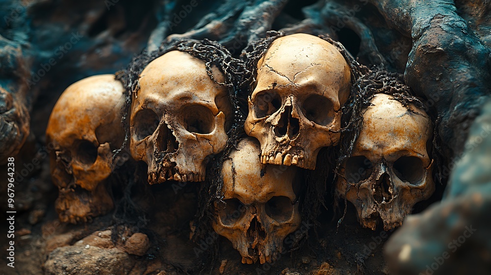 pile of death human skulls and bones of dead in ancient crypt grave ...