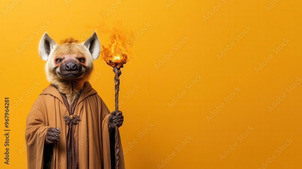 Hyena in a wizard robe casting chaotic spells with a staff, Hyena in ...