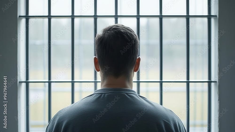 Inmate gazing at the world outside through narrow prison bars, Prison window view, longing for ...