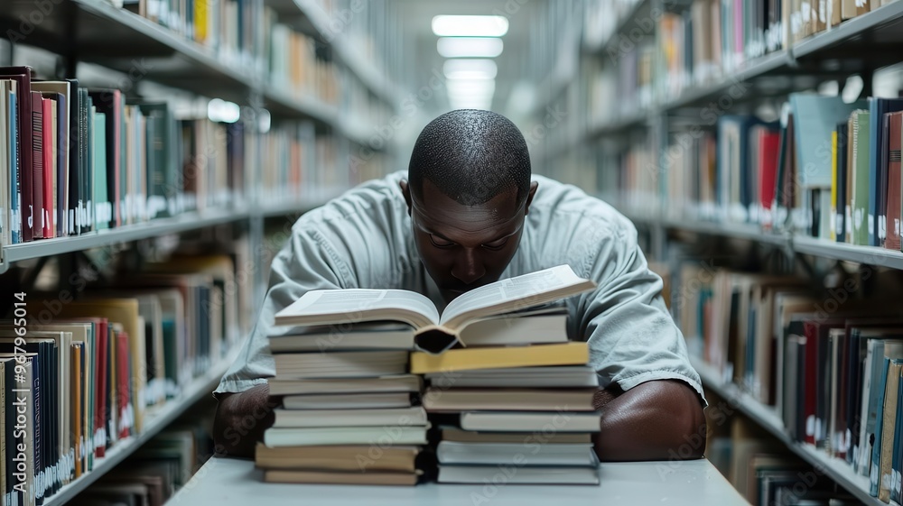 Inmate studying law books in a dimly lit prison library, preparing for ...
