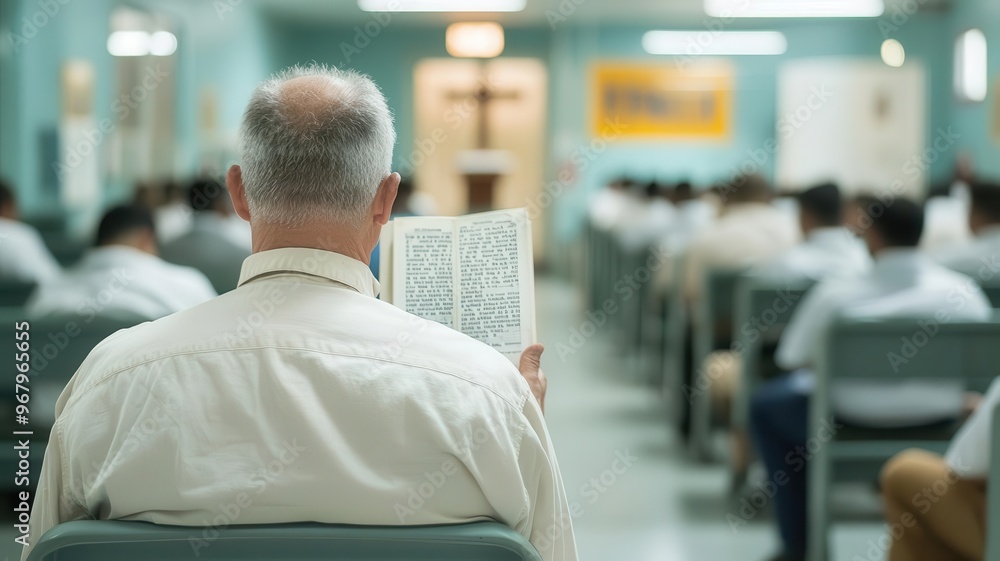 Inmates attending a religious service in a small chapel, Prison ...