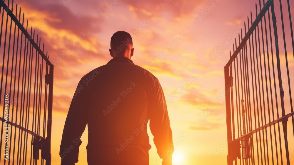 Prisoner being released, walking out through the gates into the ...