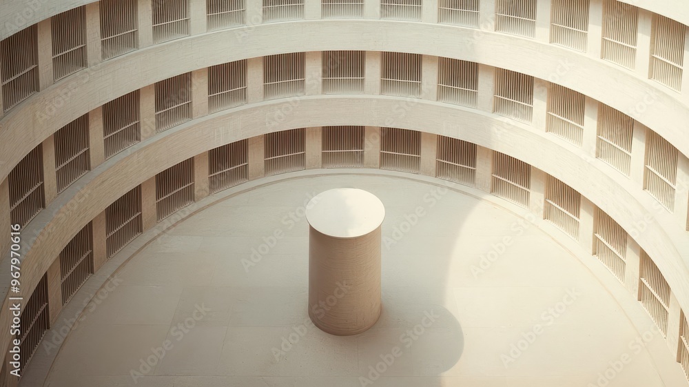 Rows of prison cells in a circular block, watched over by a single ...