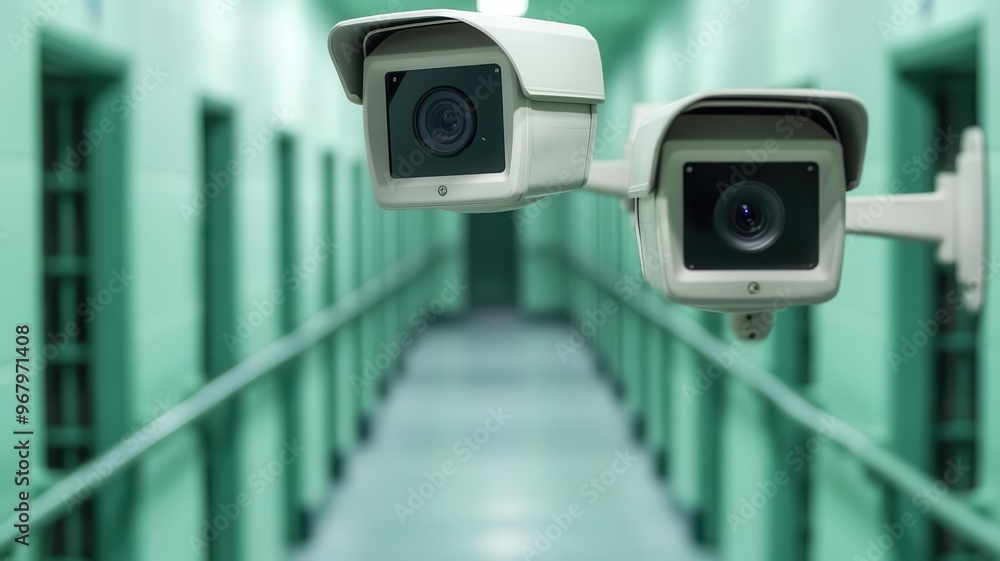 Surveillance cameras mounted throughout a modern prison block, Prison ...