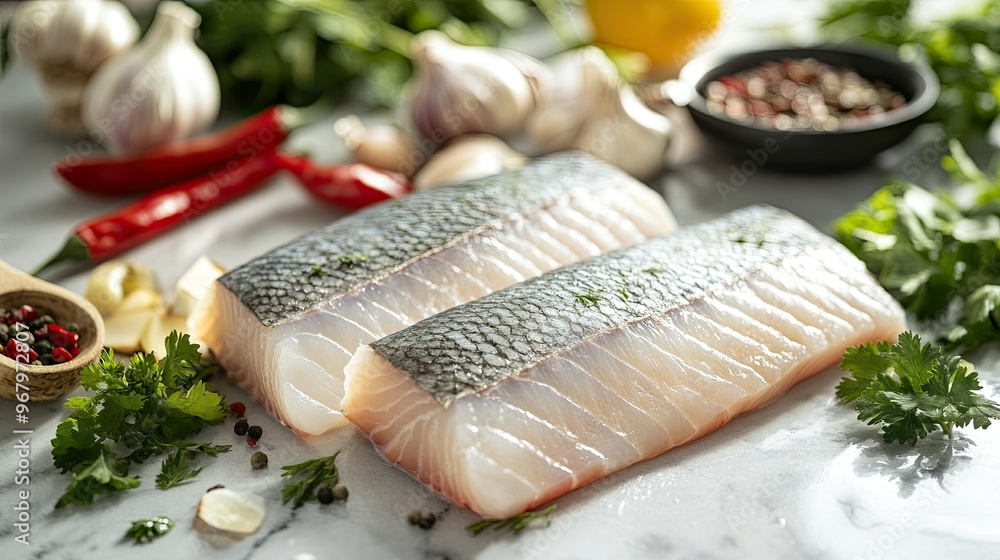 Fresh Ikan Patin (Silver Catfish) fillets on a kitchen counter with ...