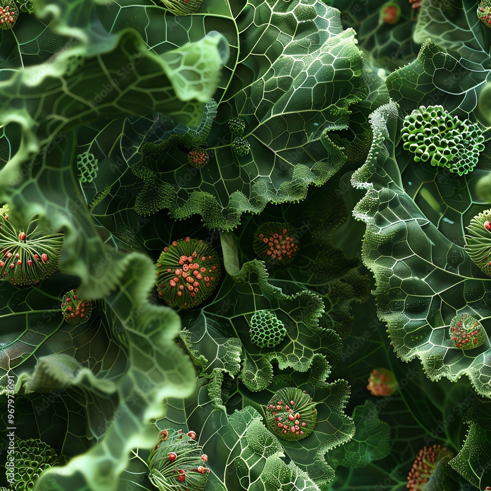 Microscopic artery surrounded by leaf cells, erythrocytes passing ...