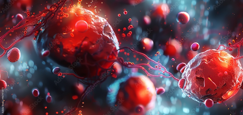 3D microscope view of stem cells, erythrocytes flowing through adjacent ...