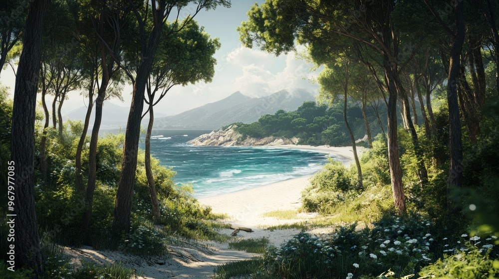 Coastal Forest Revealing Hidden Beach, a lush landscape of towering ...