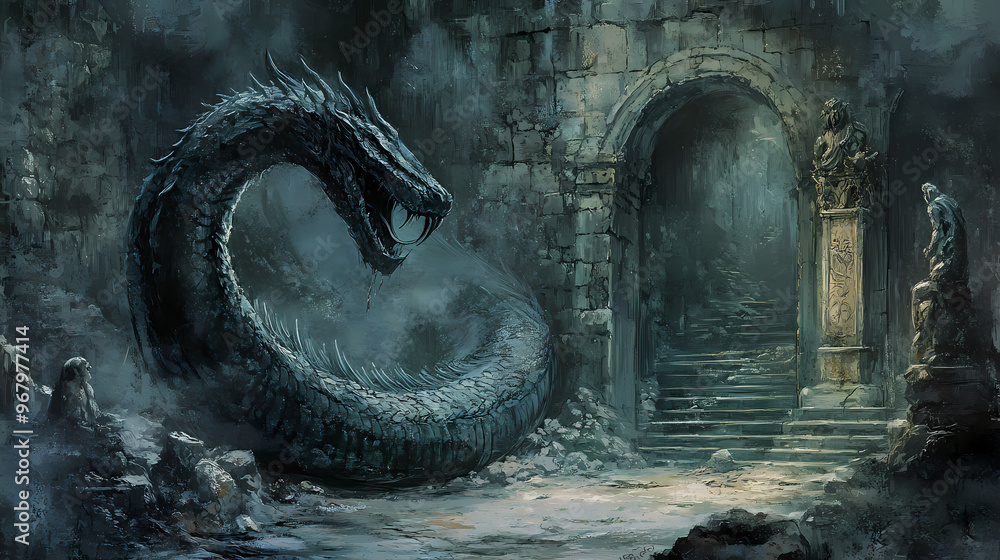 Myth of the basilisk a deadly serpent with a petrifying gaze ancient ...