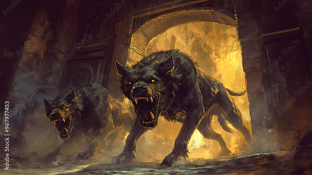 Myth of the cerberus the threeheaded dog guarding the gates of the ...