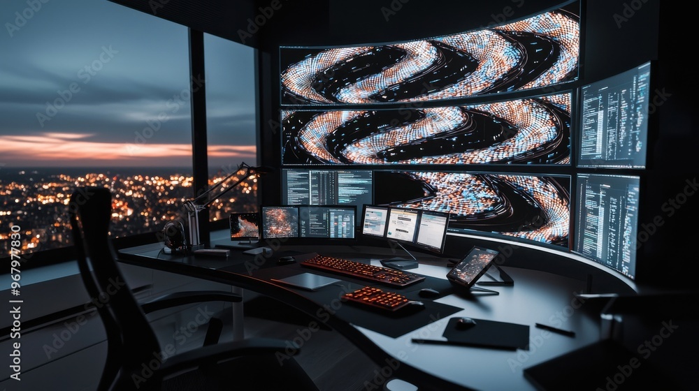 A workstation with multiple layers of transparent screens stacked in a ...