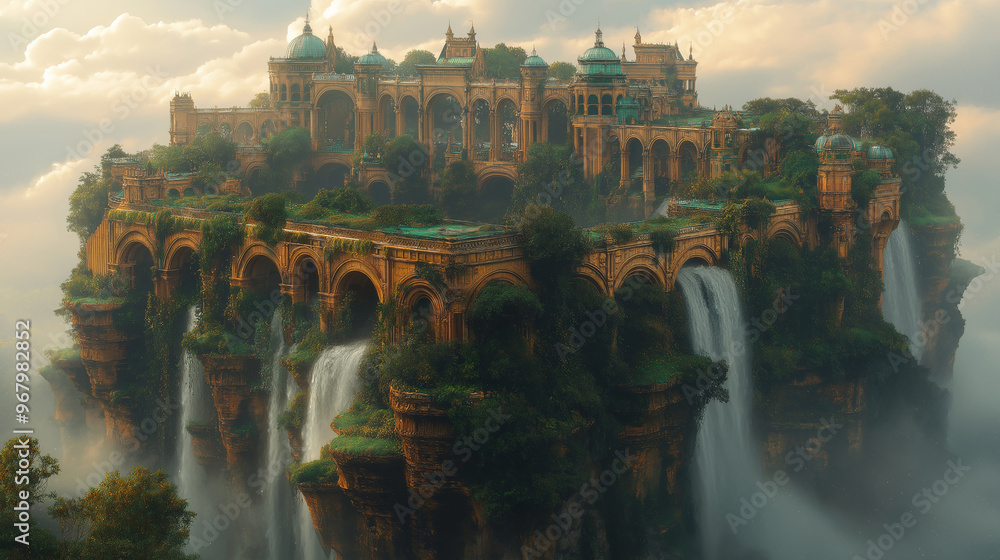 Surreal landscape of floating islands with interconnected bridges and ...