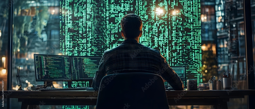 Professional software developer writing complex HTML code in a ...