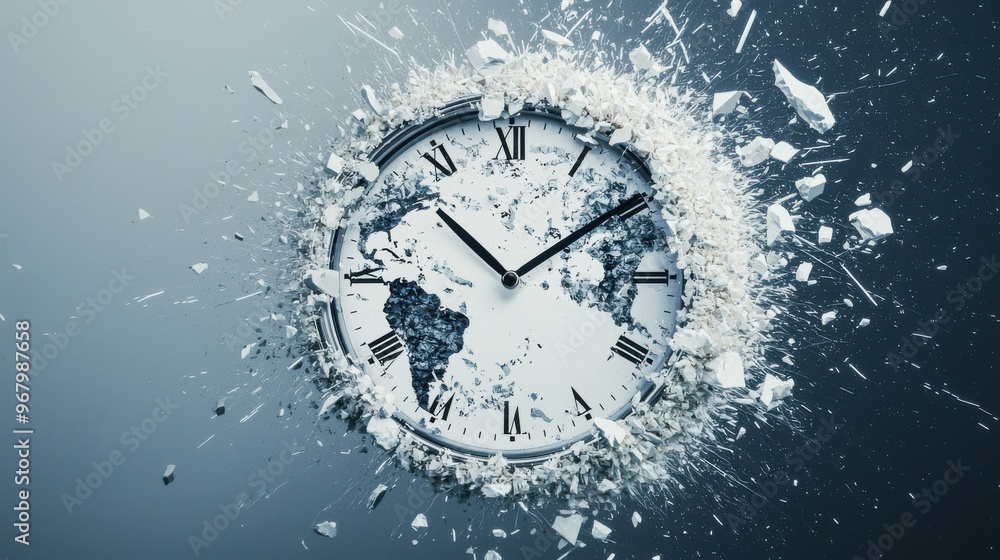 Broken Clock of Global Economy: A large clock with shattered hands and ...
