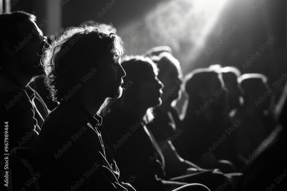 Crowd of people gathered for a live performance, watching an artist ...