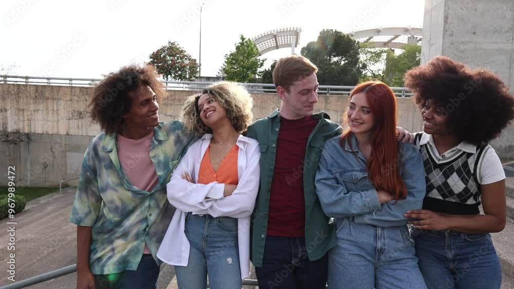 Multiracial group of Gen Z friends smiling and bonding in an outdoor ...