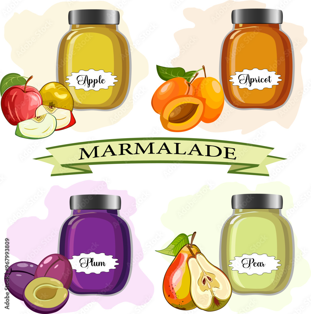 Fruits and jars of marmalade.Vector illustration with apples, pears ...