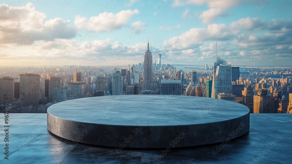 Outdoor podium on stage with city skyline, ideal for public speaking ...
