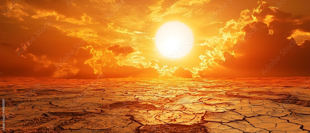 Scorching Sun Beats Down on Cracked Desolate Earth Landscape During ...